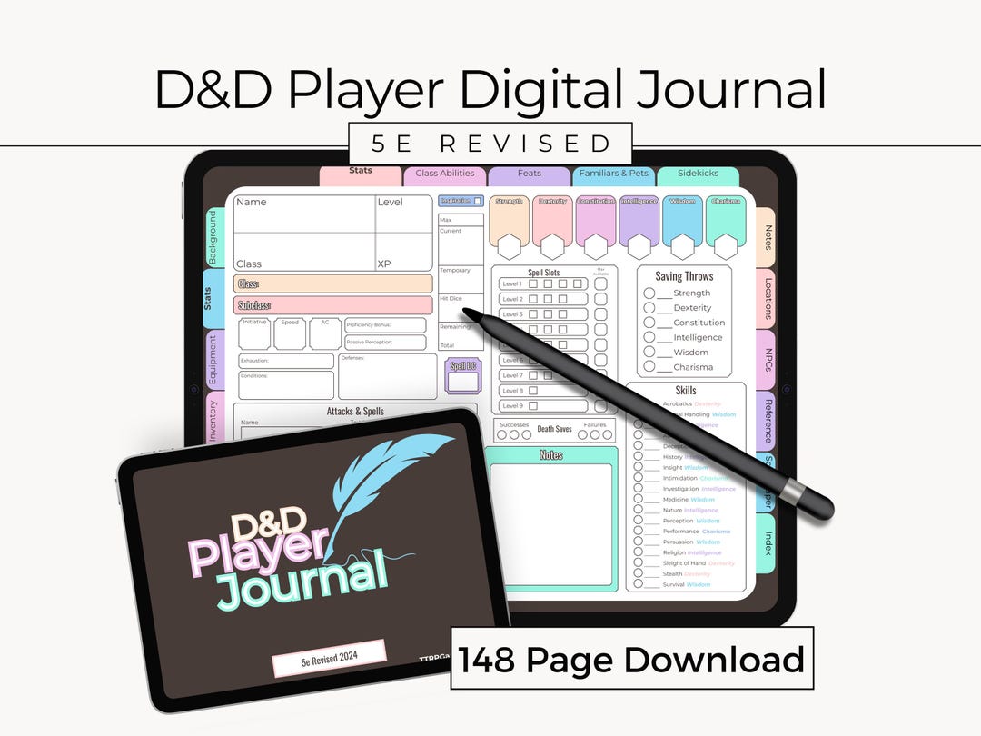 Digital Dnd Player Journal | 5e Revised 2024 | 148 Pages | Character ...