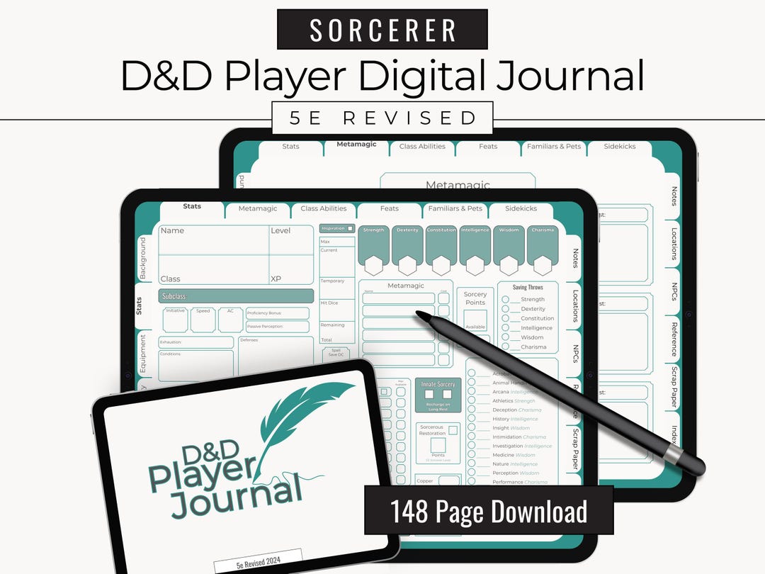 Digital Dnd Player Journal: Sorcerer | 5e Revised 2024 | 148 Pages ...