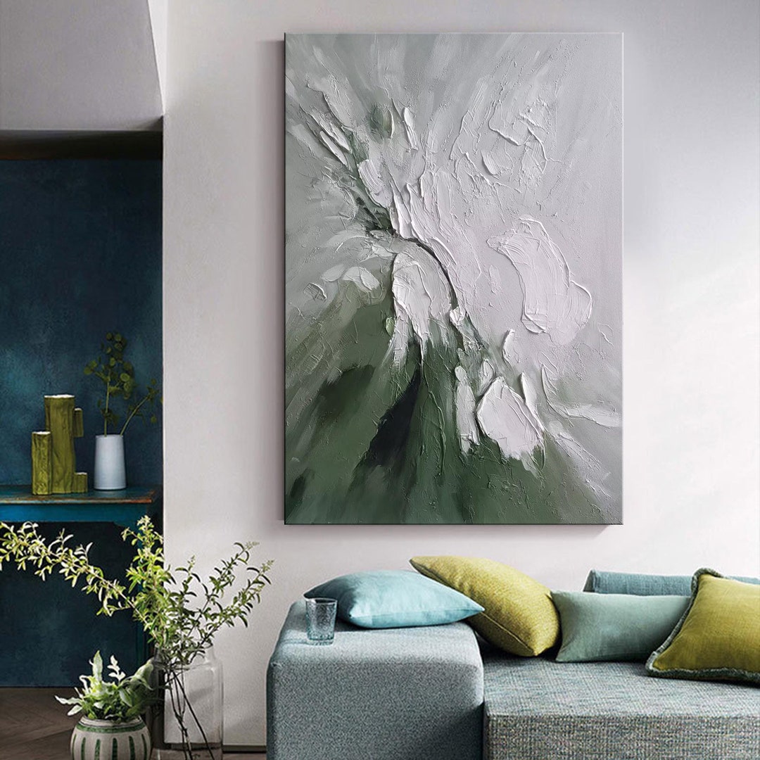 Green White Texture Wall Art Large Green Canvas Art for Living Room ...