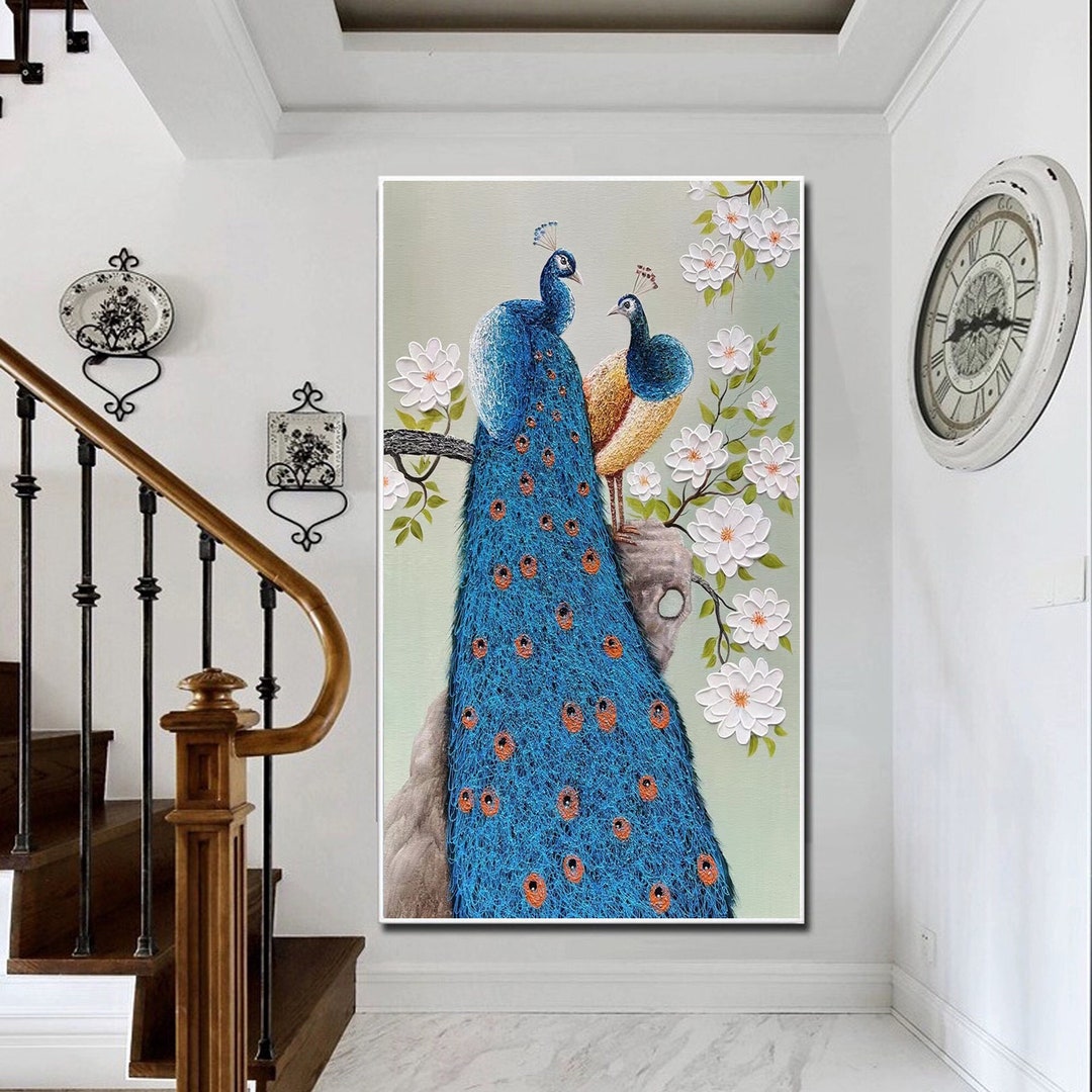 Original Peacock Oil Painting on Canvas White Flower Large Acrylic Wall ...
