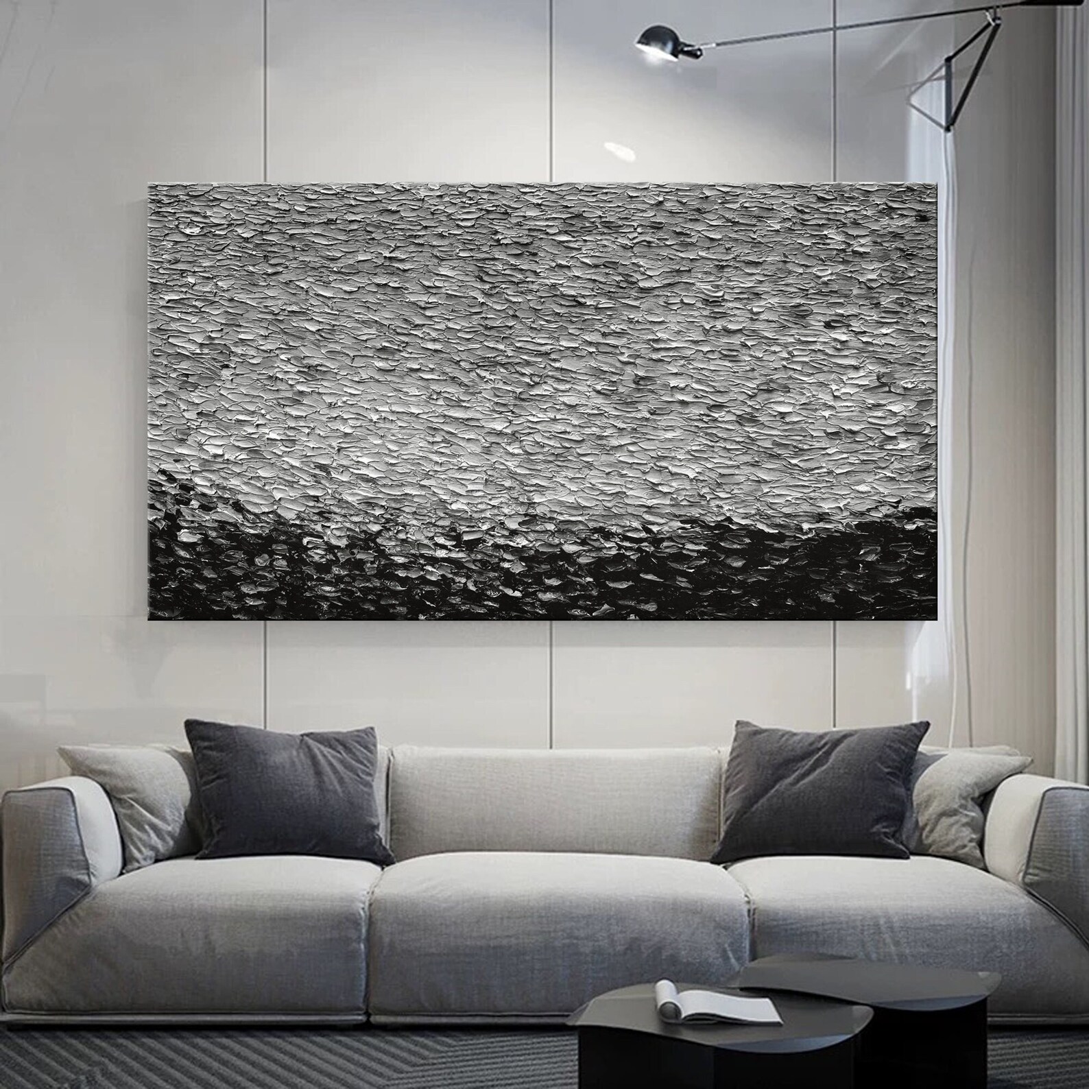 3D Large Grey Abstract Painting Black Grey Textured Wall Art Grey ...