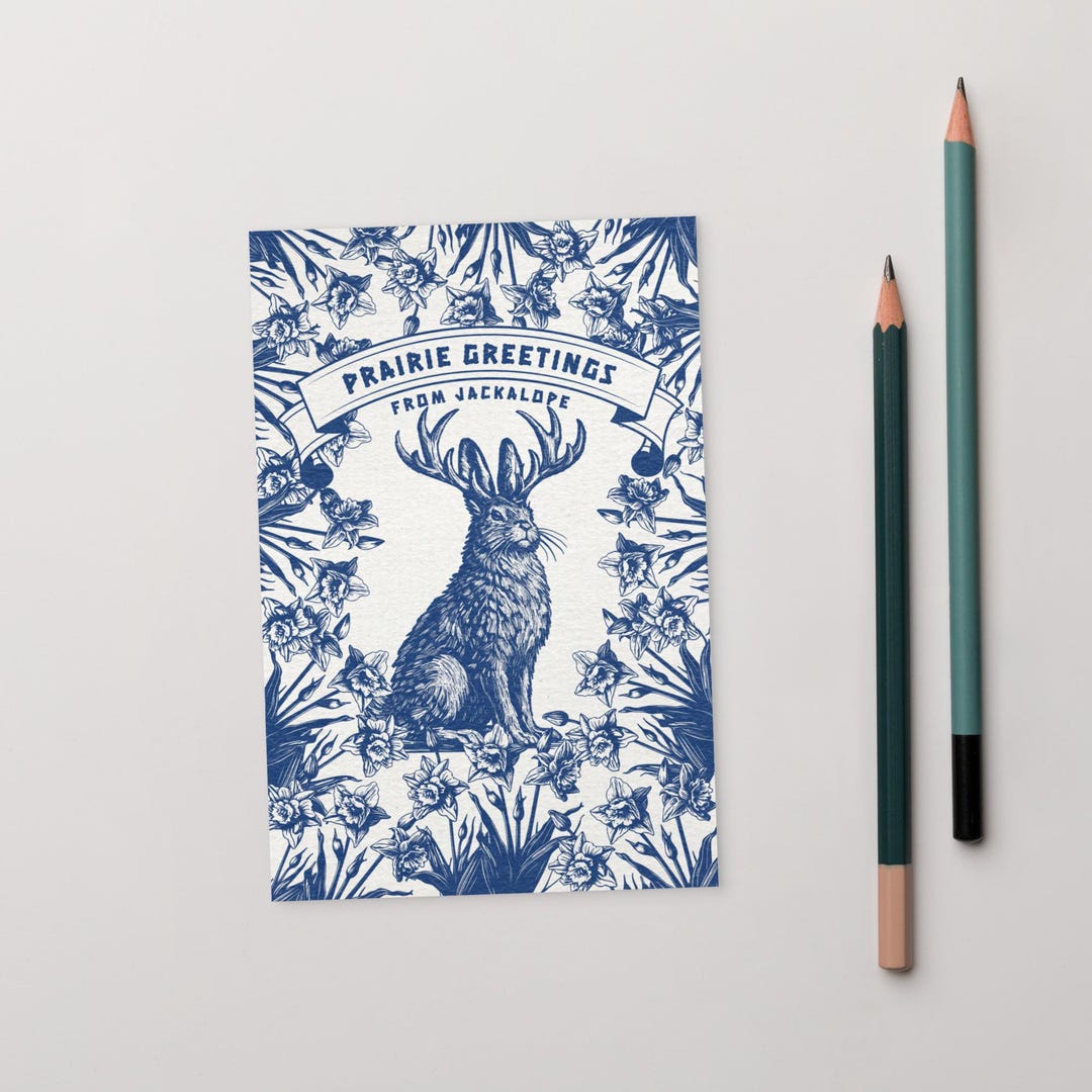 Jackalope Postcard | Cryptid Prairie Greeting | Blue White Floral ...