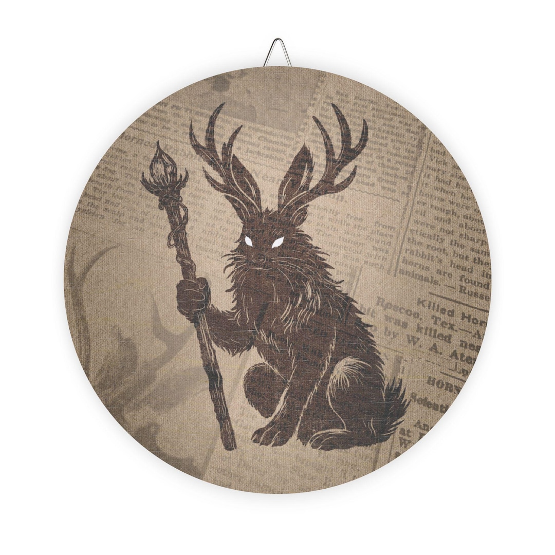 Jackalope Wood Wall Art | Round Folklore Sign | Antler Rabbit Cryptid ...