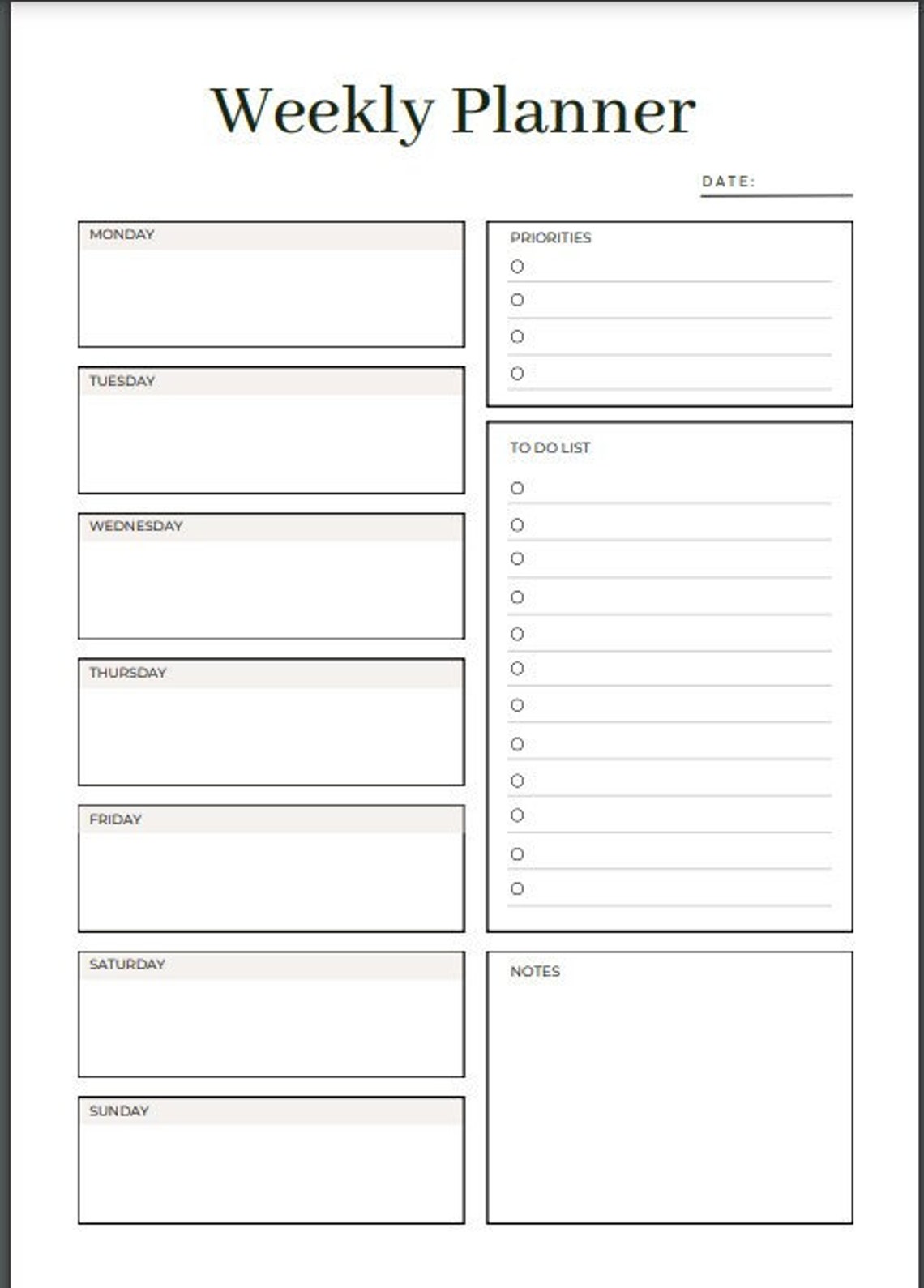 White Printable Minimalist Weekly Planner - Etsy