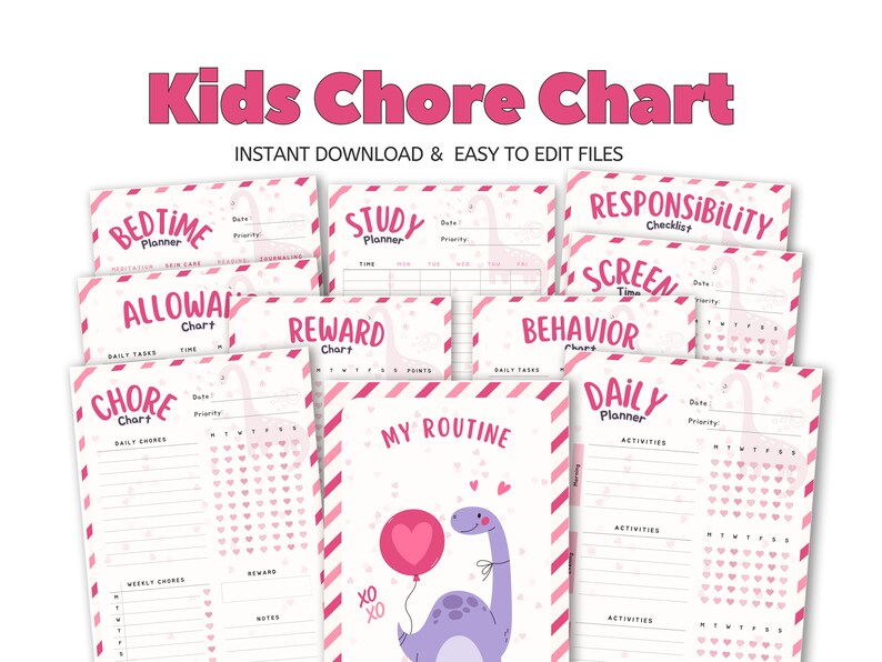 Editable Dinosaur Kids Chore Chart, Daily Monthly Task Checklist, Kids ...
