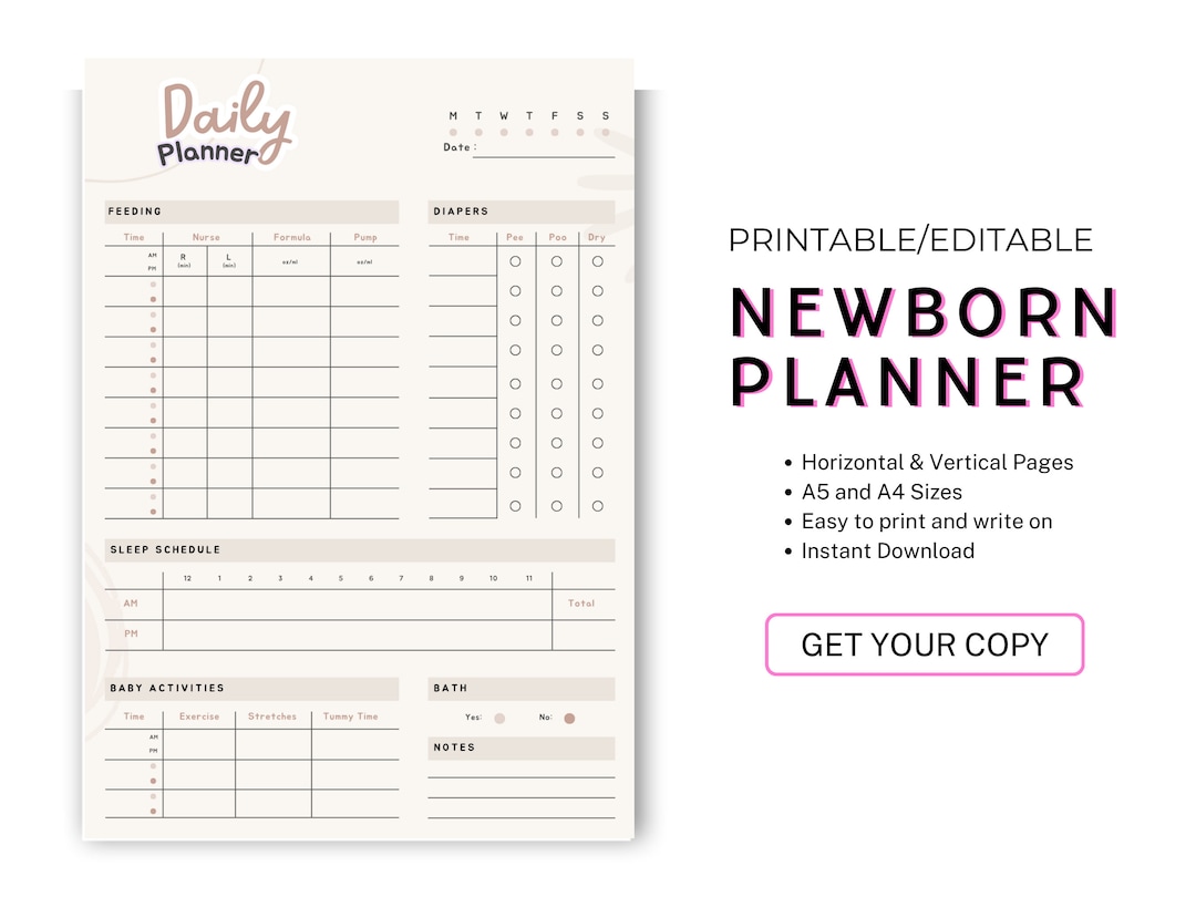 Daily Newborn Care Tracker Printable, Infant Feeding Guide, Newborn ...