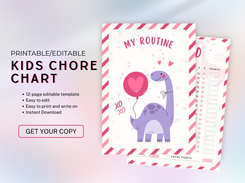 Editable Dinosaur Kids Chore Chart, Daily Monthly Task Checklist, Kids ...