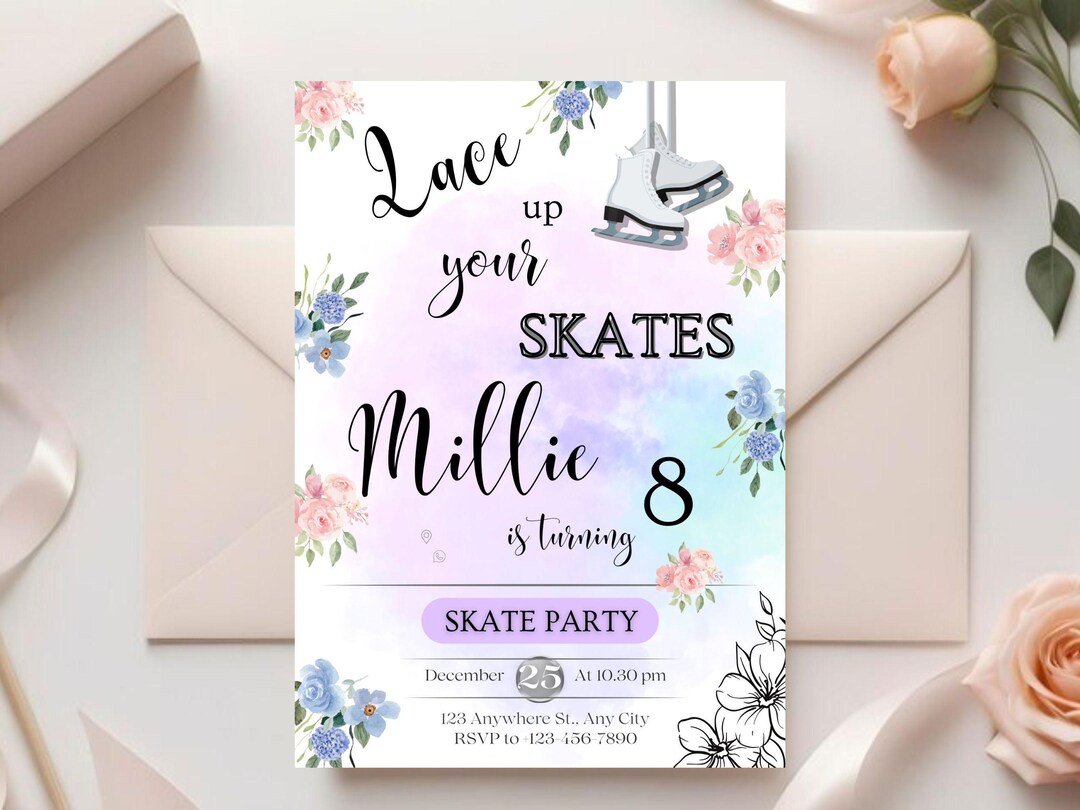 Ice Skating Birthday Party Invitation, Roller Skating Invite Card, 5x7 ...