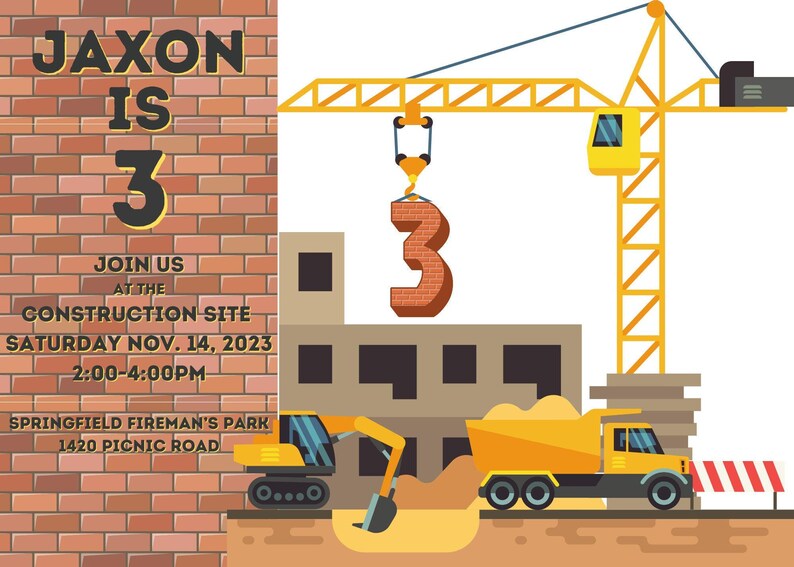 Birthday Party Invitation Construction Theme - Etsy