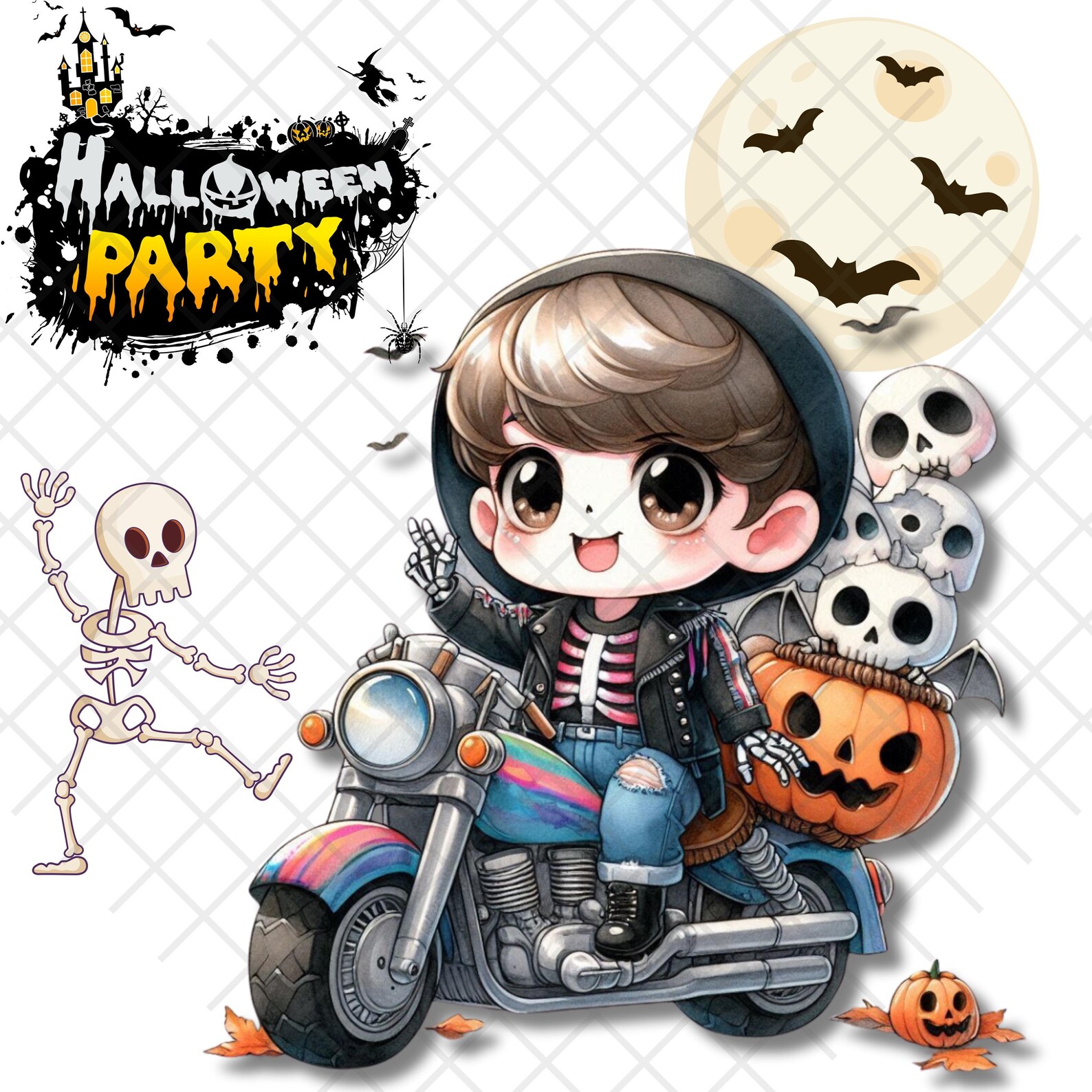 Spooky Halloween Clipart Pack, Wolf Boy and Skeleton Boy on Motorcycles ...