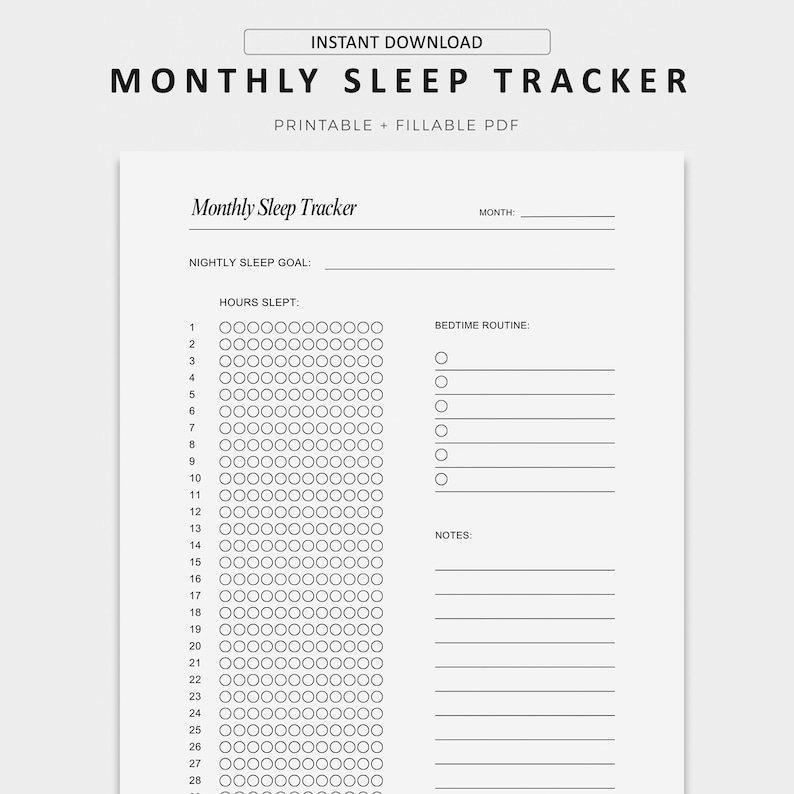 Monthly Sleep Tracker Printable, Digital Sleep Log, Sleep Journal ...