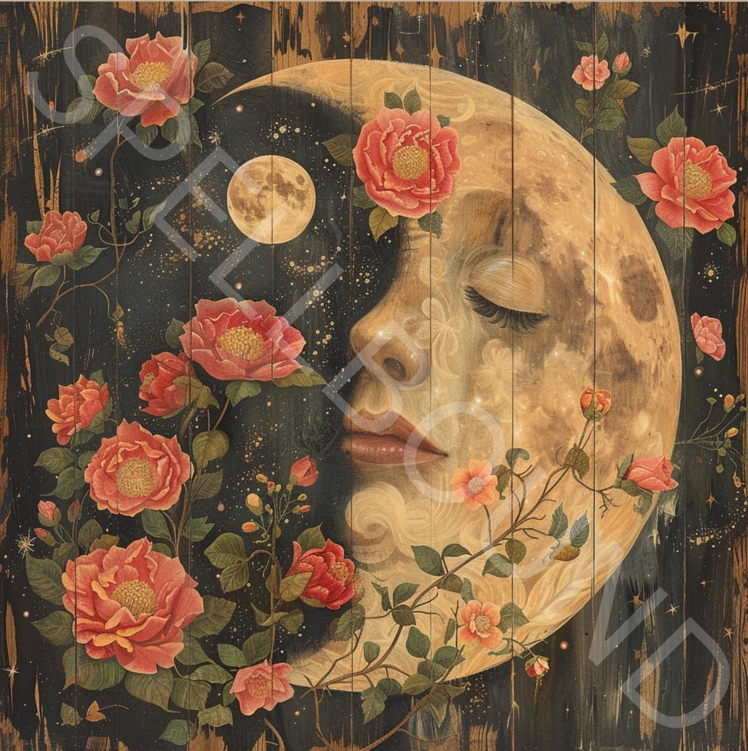 Vintage Moon Art Print, Crescent Moon With Face and Flowerds Art Print ...