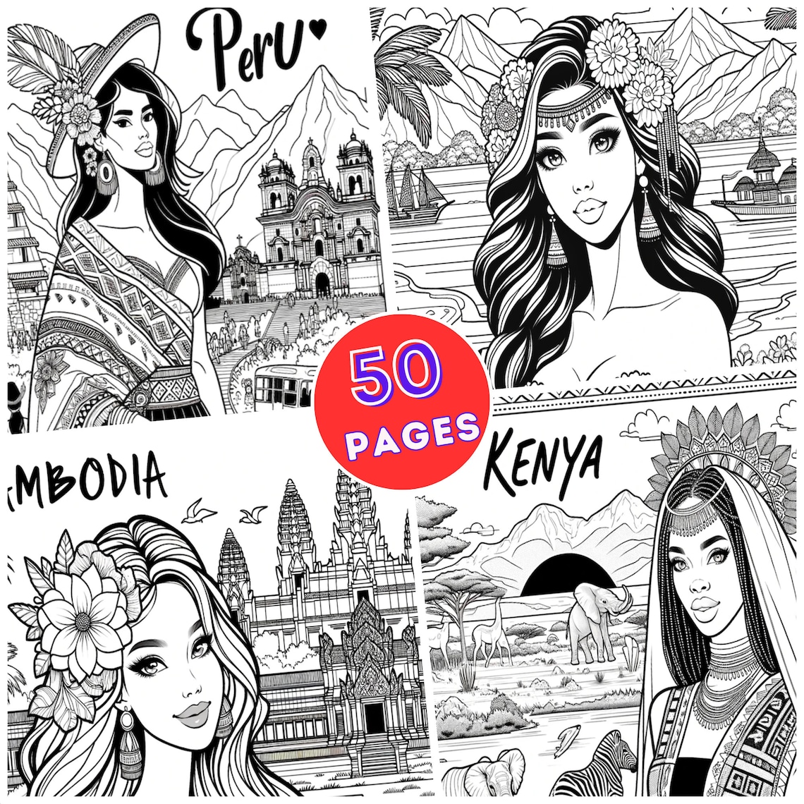 50 Digital Coloring Pages of Women Around the World - Adult Coloring ...
