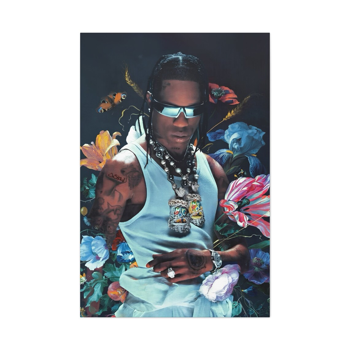 Travis Scott Canvas Wall Art - Iconic Rapper Floral Design - Large Hip ...