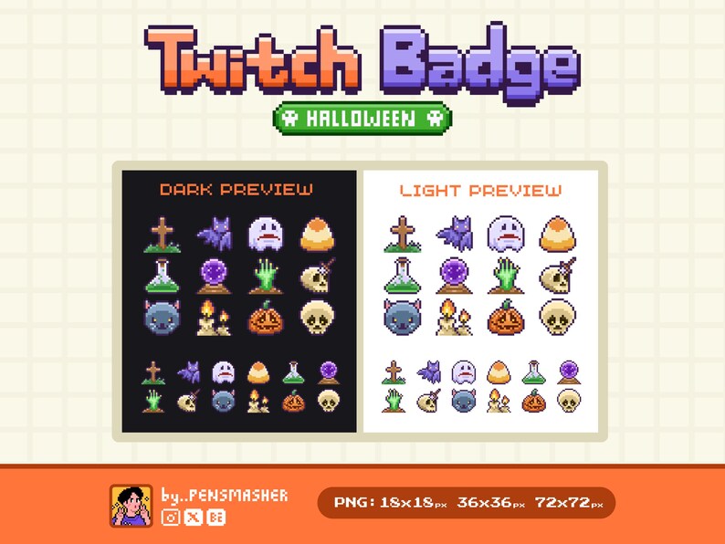 Pixel Halloween Themed Twitch Badges, Unique Pixel Art Emotes for ...