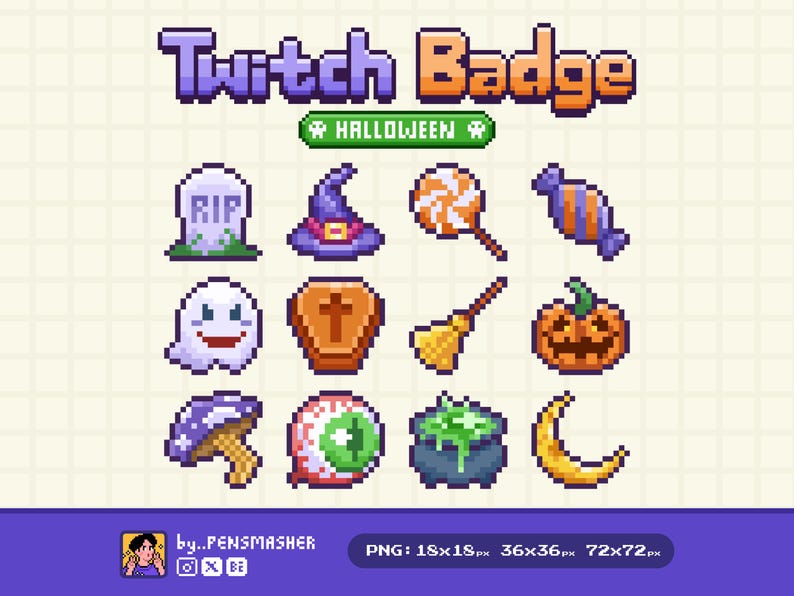 Pixel Halloween Themed Twitch Badges, Unique Pixel Art Emotes for ...