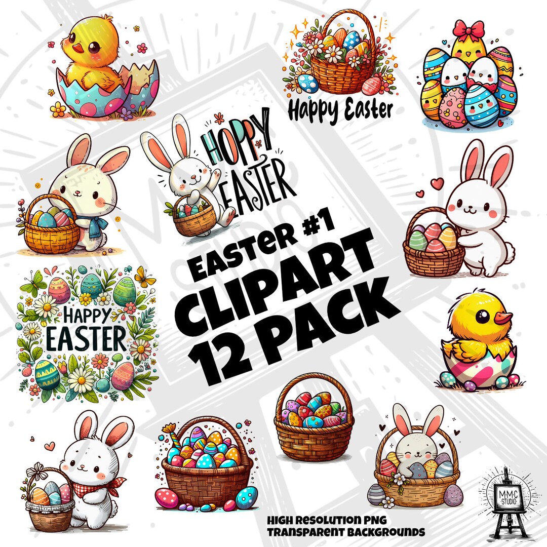 Cute Cartoon Easter Bunny & Eggs Clipart 12 Pack | 300 DPI High Quality ...