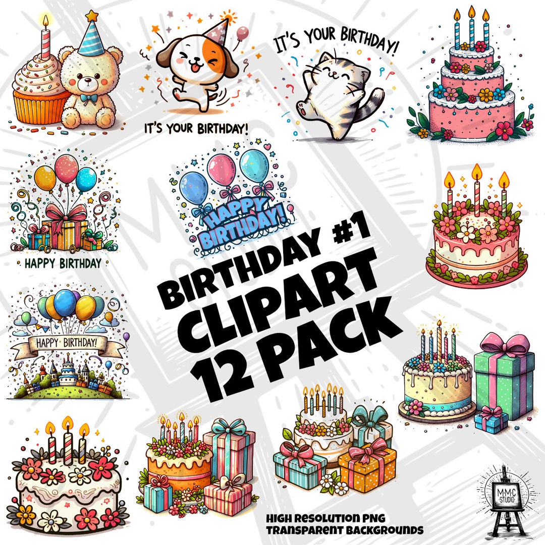 Cute Birthday Clipart Collection 12 Pack | 300 DPI High Quality, High ...