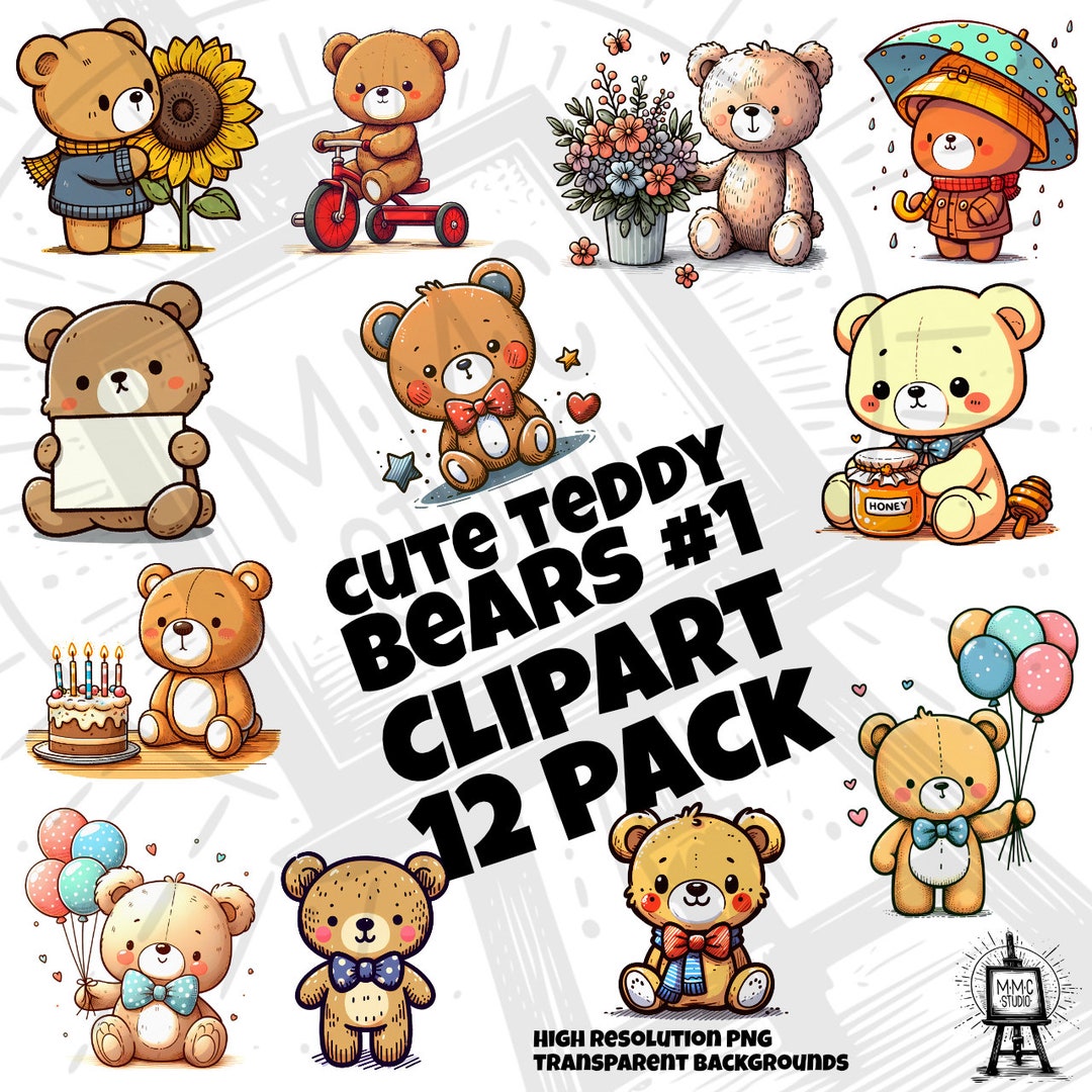 Cute Teddy Bear Clipart Collection 12 Pack | 300 DPI High Quality ...