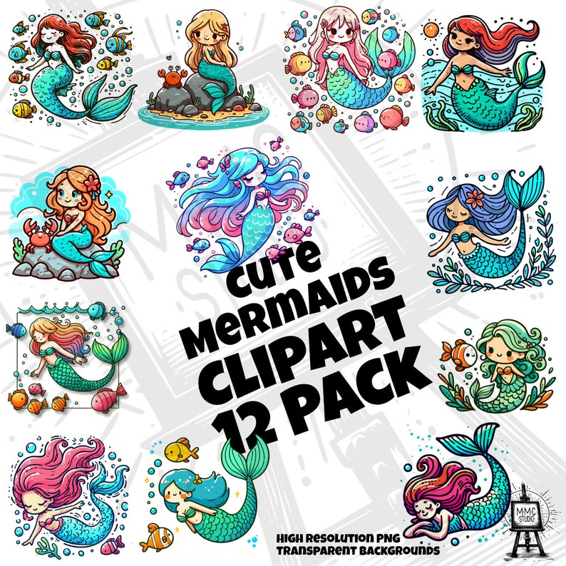 Cute Mermaid Clipart Collection 12 Pack | 300 DPI High Quality | High ...