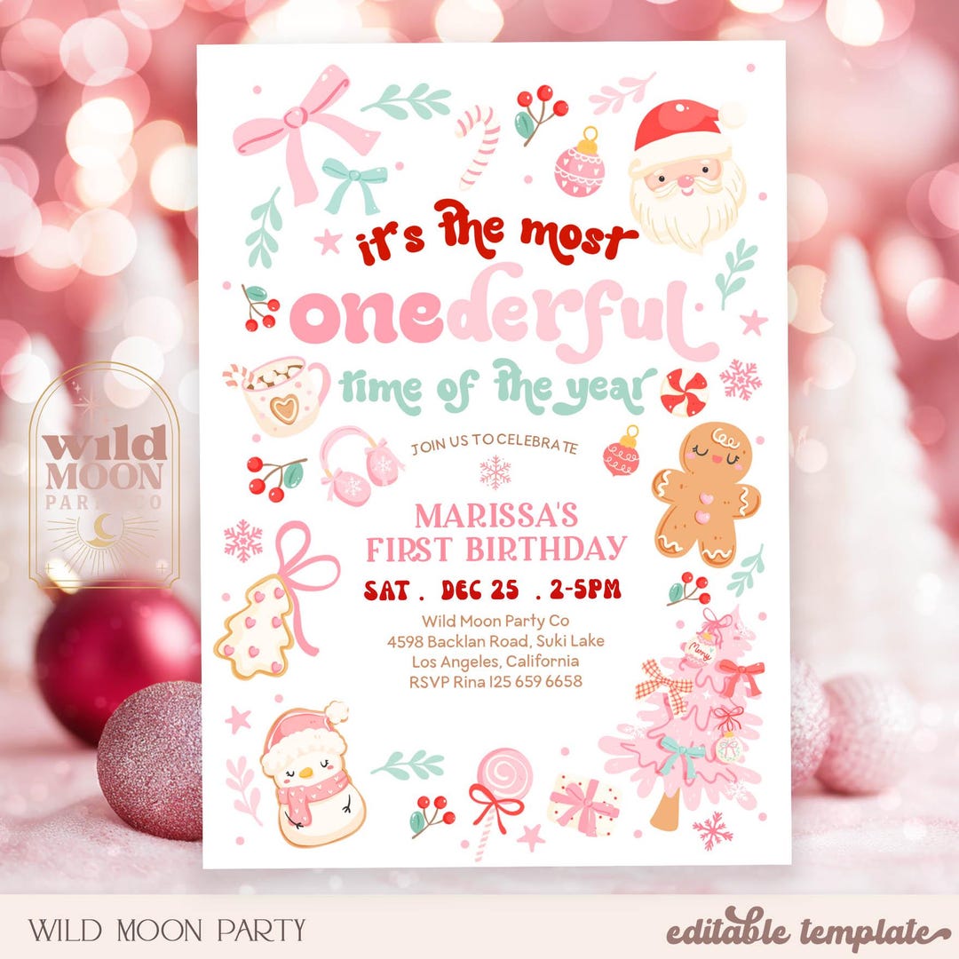 Pink Christmas 1st Birthday Invitation: Most Onederful Time Invite ...