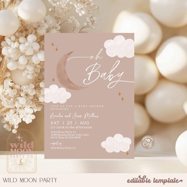 Boho Gender Neutral Moon Star Cloud Oh Baby Shower Invitation Beige ...