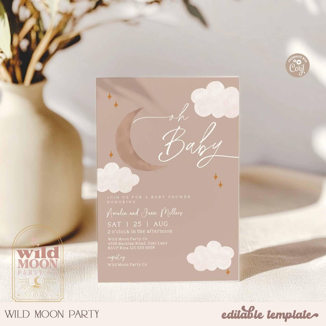 Boho Gender Neutral Moon Star Cloud Oh Baby Shower Invitation Beige ...