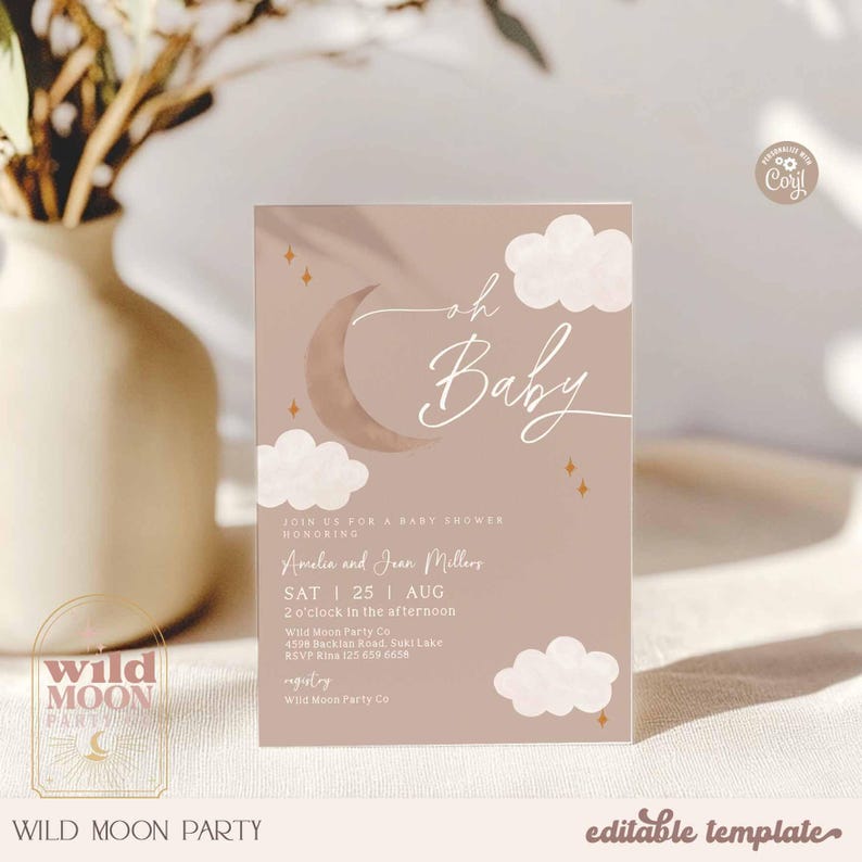 Boho Gender Neutral Moon Star Cloud Oh Baby Shower Invitation Beige ...