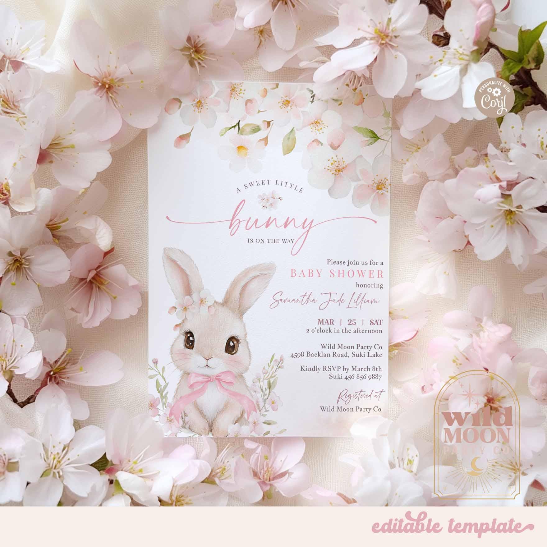 Spring Coquette Bunny Baby Shower Invitation: Blush Pink Easter Bow ...
