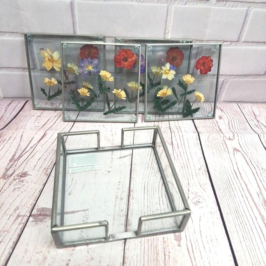 Set of 4 Vintage Pressed Flower Glass Coasters With Metal Holder by ...