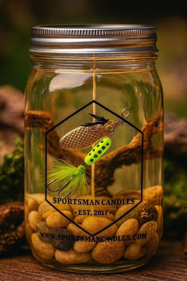 Sportsman Candle™ 16oz | Suspended Fishing Lure, Driftwood, Rocks, Sand ...