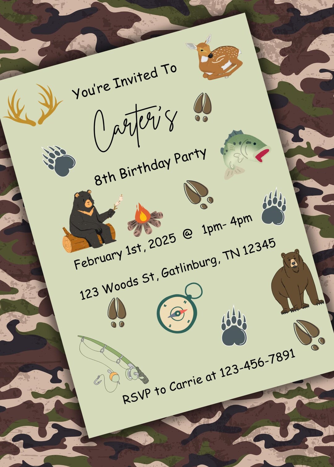 Hunting Birthday Card Template, Outdoors Birthday Template, Digital ...