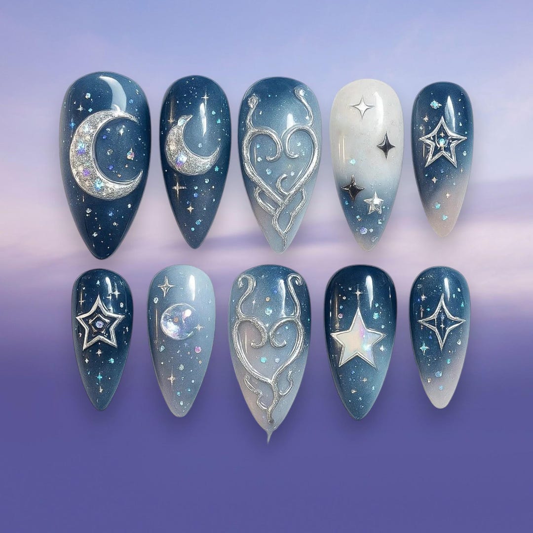 Blue Galaxy Moon Star Press on Nails, Elegant Chrome Fake Nail Set ...