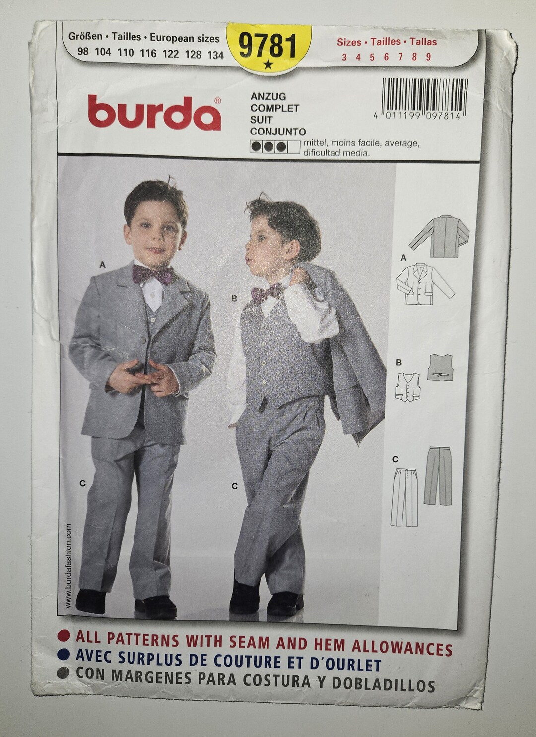 Burda Sewing Pattern 9781. Boys' Suit-jacket, Vest and Pants. Sizes 3,4 ...