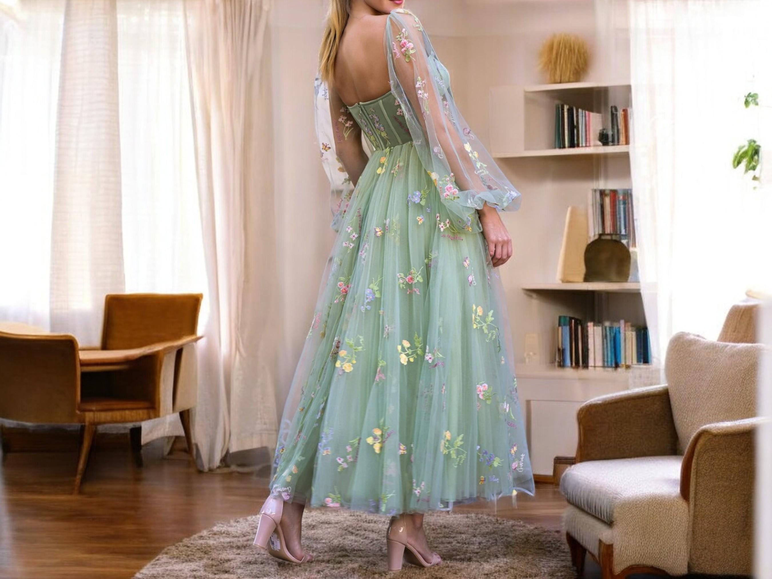 Women's Midi Dress V-neck Puffed Sleeves Style Fashionable Partywear ...