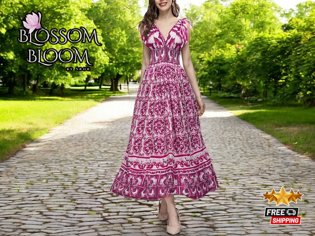 Runway-look Printed Maxi Dress | Summer V-neck Sundress | Bow Strap ...