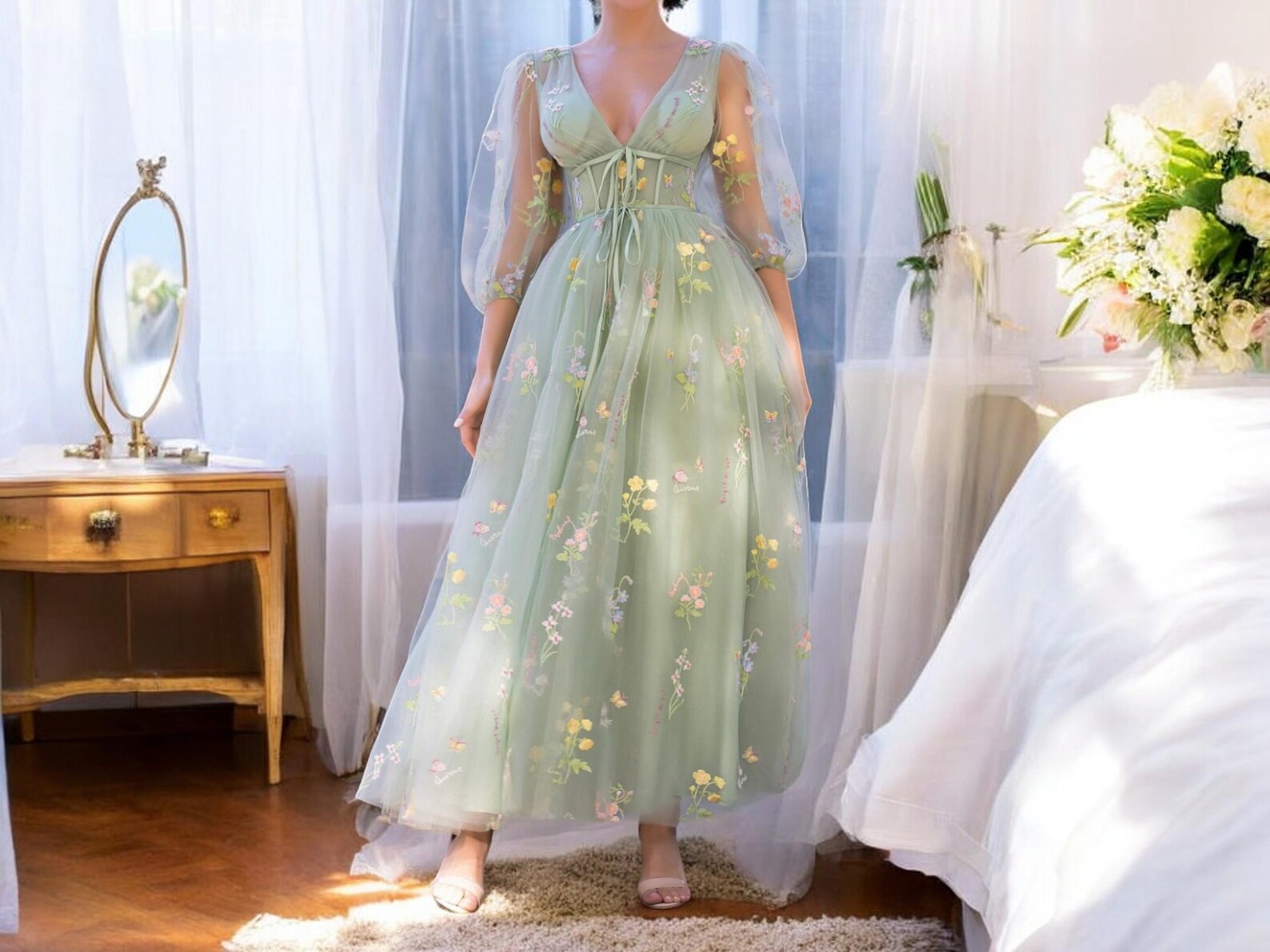 Women's Midi Dress V-neck Puffed Sleeves Style Fashionable Partywear ...