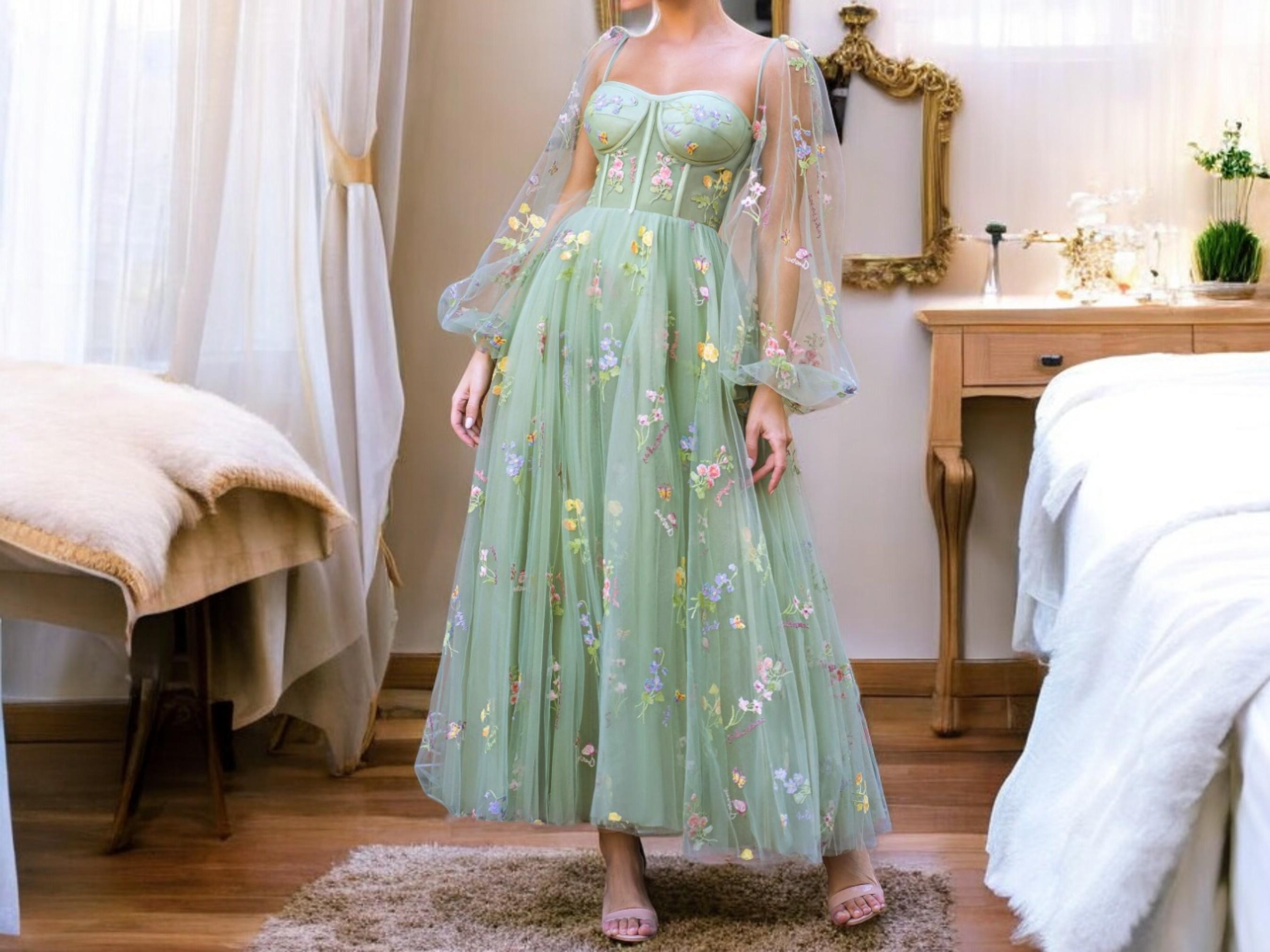 Women's Midi Dress V-neck Puffed Sleeves Style Fashionable Partywear ...