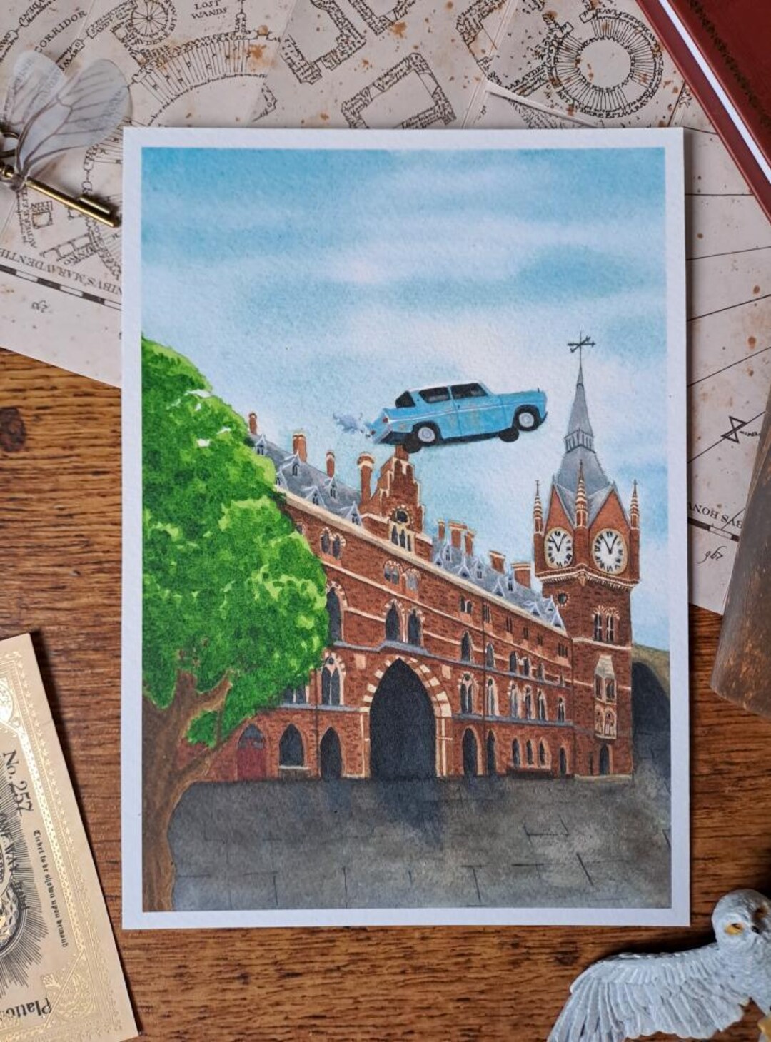 A5 Print - Blue Flying Car in London - St Pancras Station - Magical Car ...