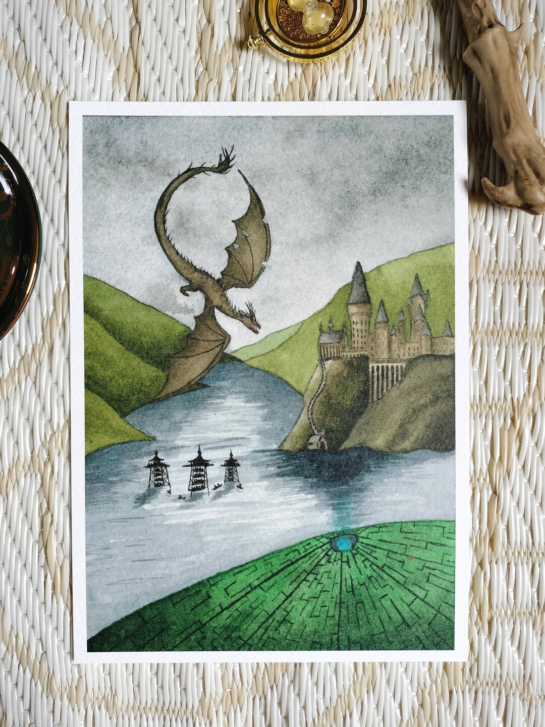 A5 Triwizard Tournament Print Handsigned Triwizard Tournament, Dragon, Maze, Lake, Magic Castle ...