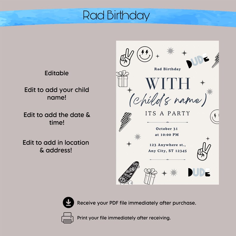 Rad Birthday | Birthday Party Invitation | Editable - Etsy