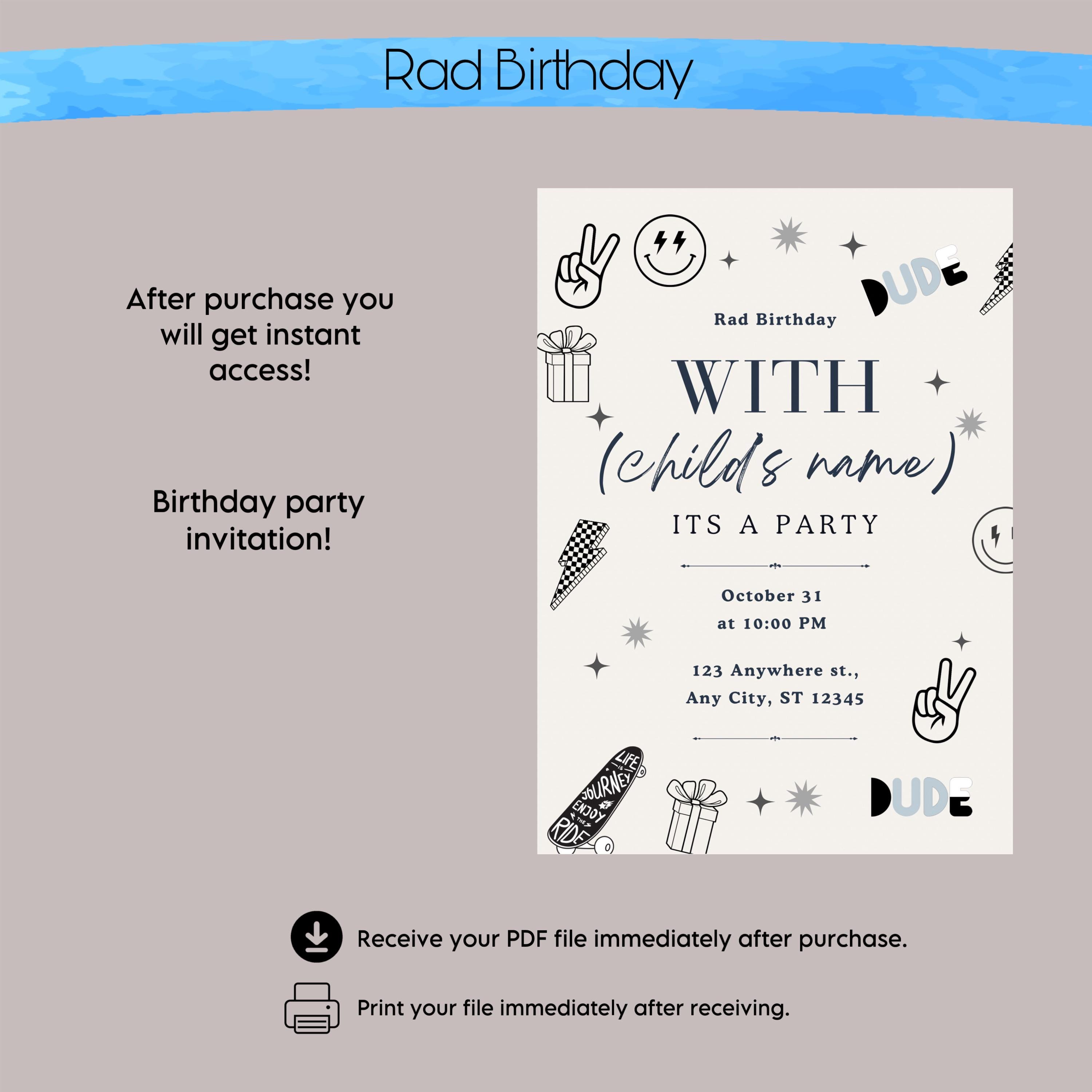 Rad Birthday | Birthday Party Invitation | Editable - Etsy