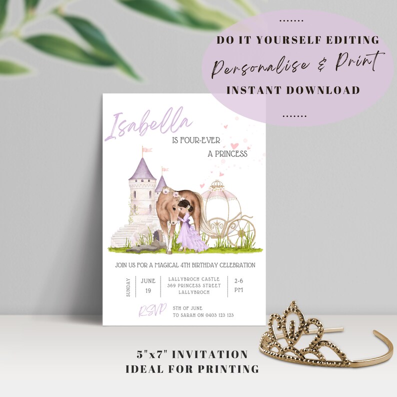 Four-ever A Princess Birthday Invitations 4th Birthday Girl Invitation ...
