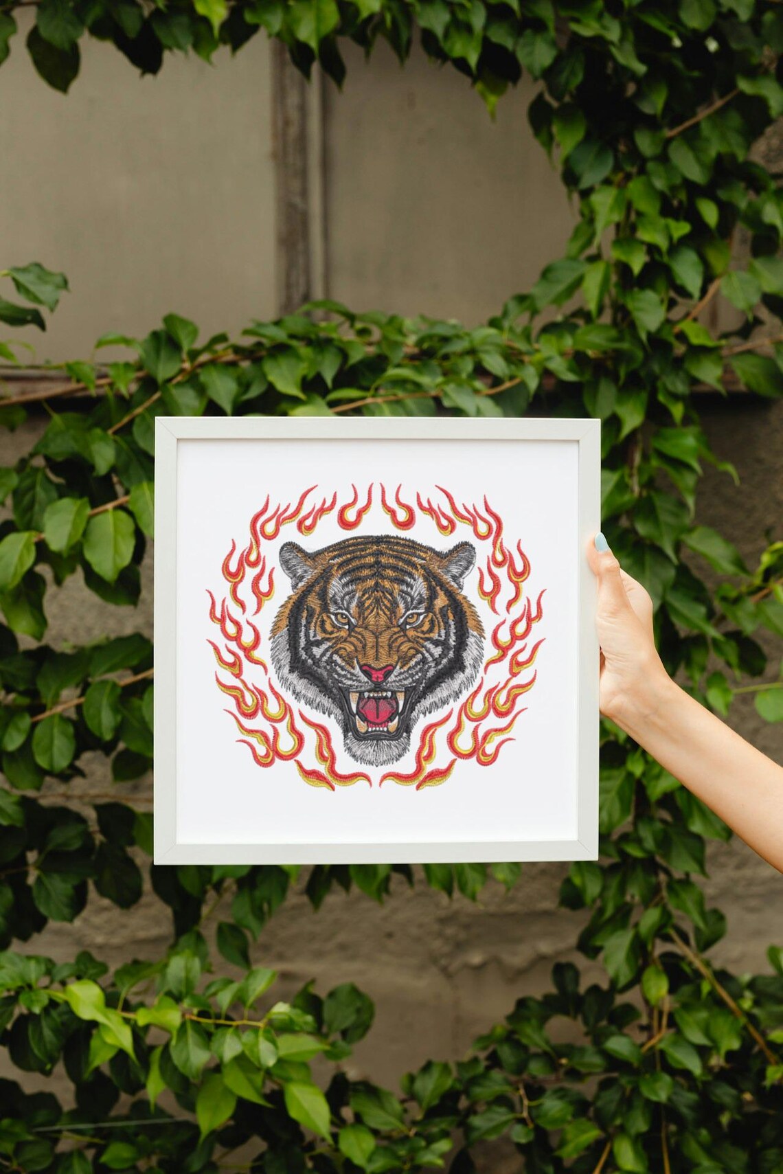 Fire Tiger Embroidery Design, Bold Animal Flame Pattern (digital ...