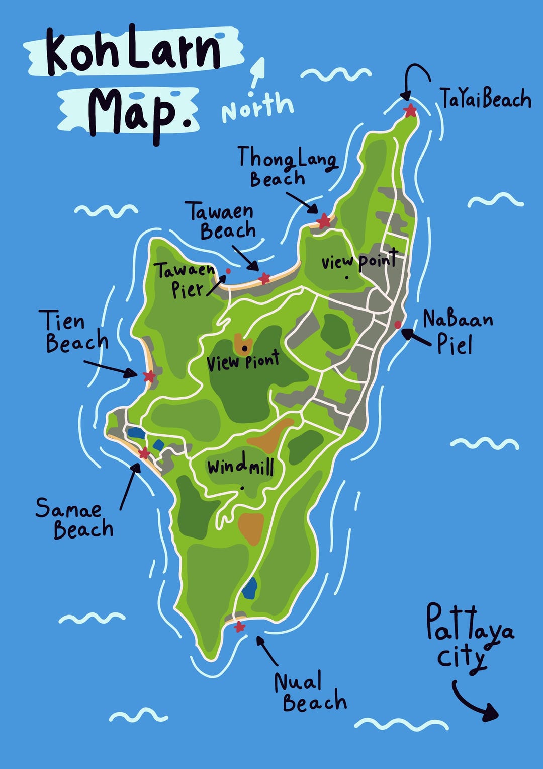 Graphic Adventure Map of Koh Larn Island Pattaya Thailand Tourism Atlas ...