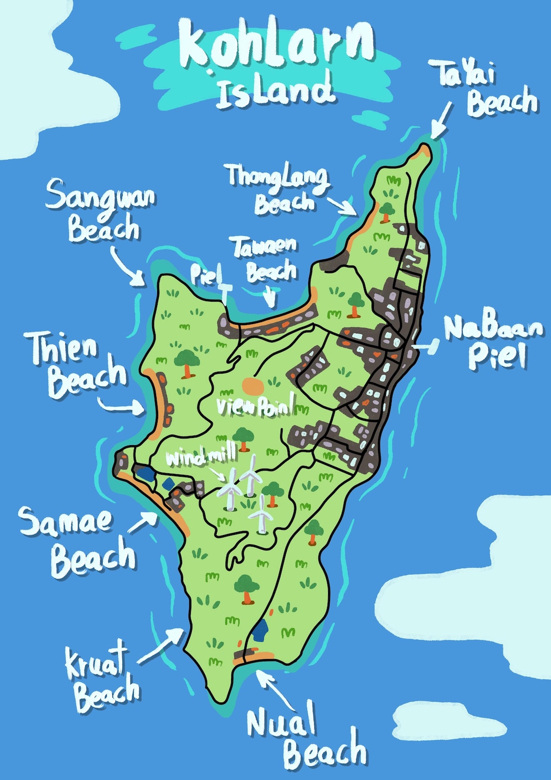 Graphic Adventure Map of Koh Larn Island Pattaya Thailand Tourism Atlas ...