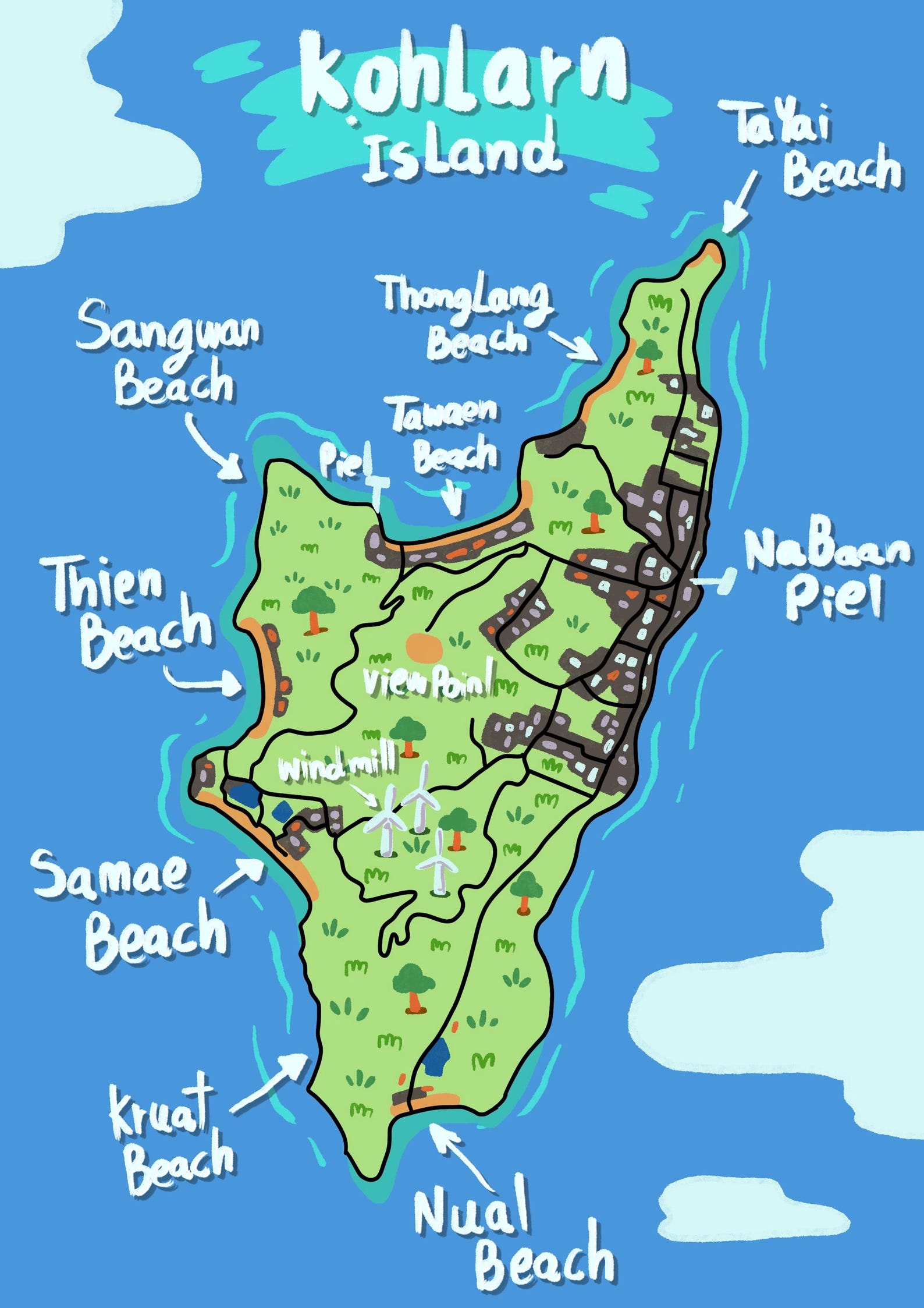Graphic Adventure Map of Koh Larn Island Pattaya Thailand Tourism Atlas ...