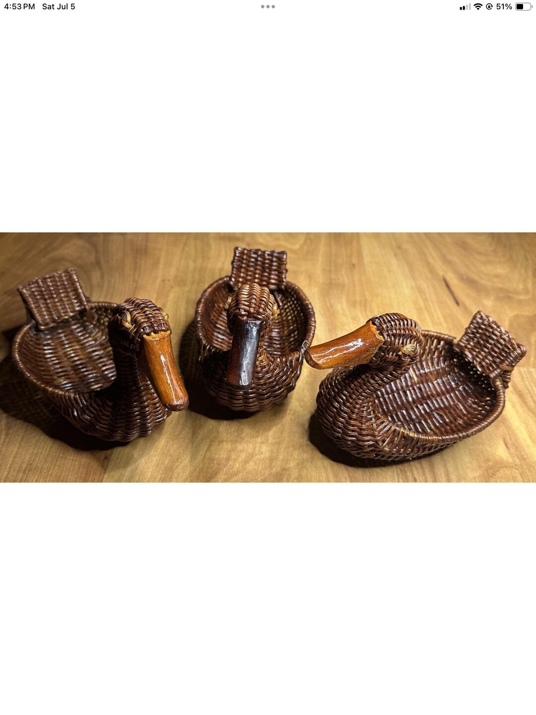Vintage Lot of 3 Wicker Rattan Duck Baskets Wooden Beak Cottage ...