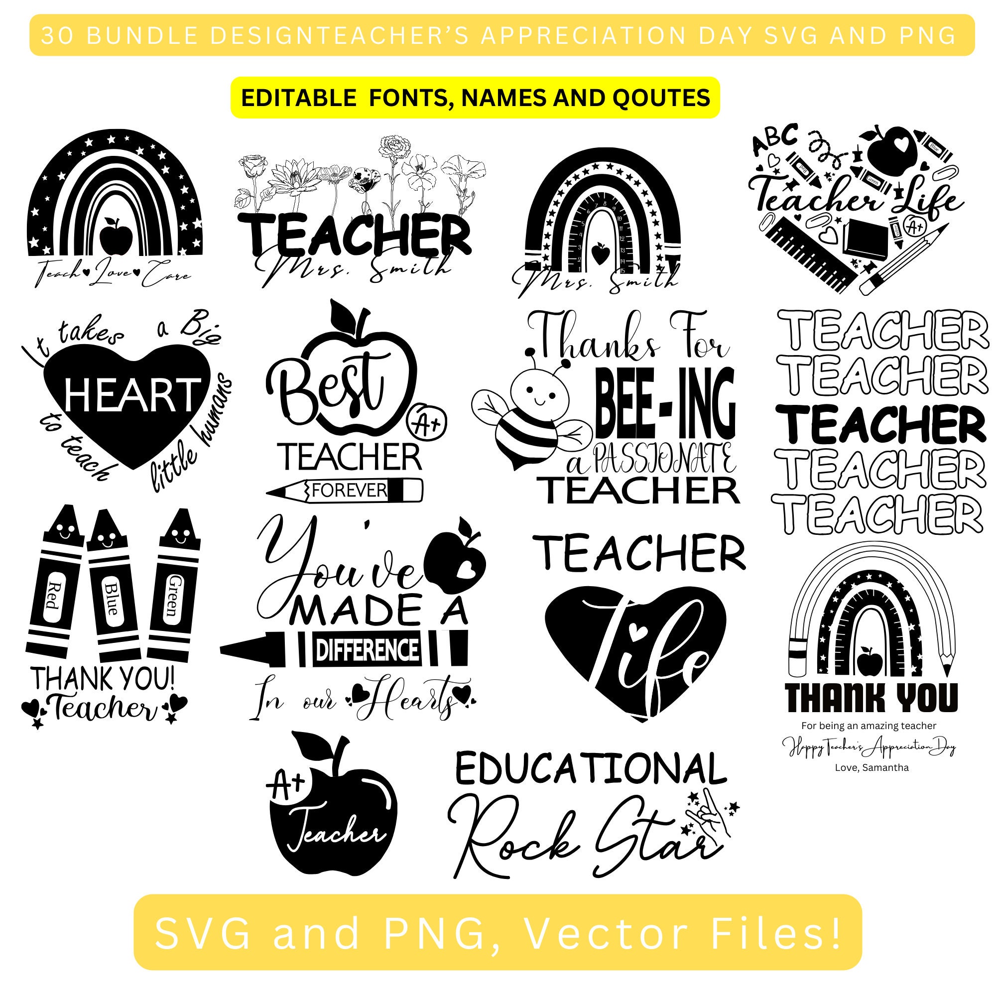 30 Bundle Design Teacher Life Clipart, Printable Appreciation Tags for ...