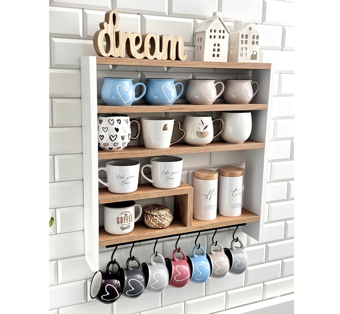 Wall Shelf With Rail and Hooks – Kitchen Mug Rack 60×60 Cm | Hanging ...